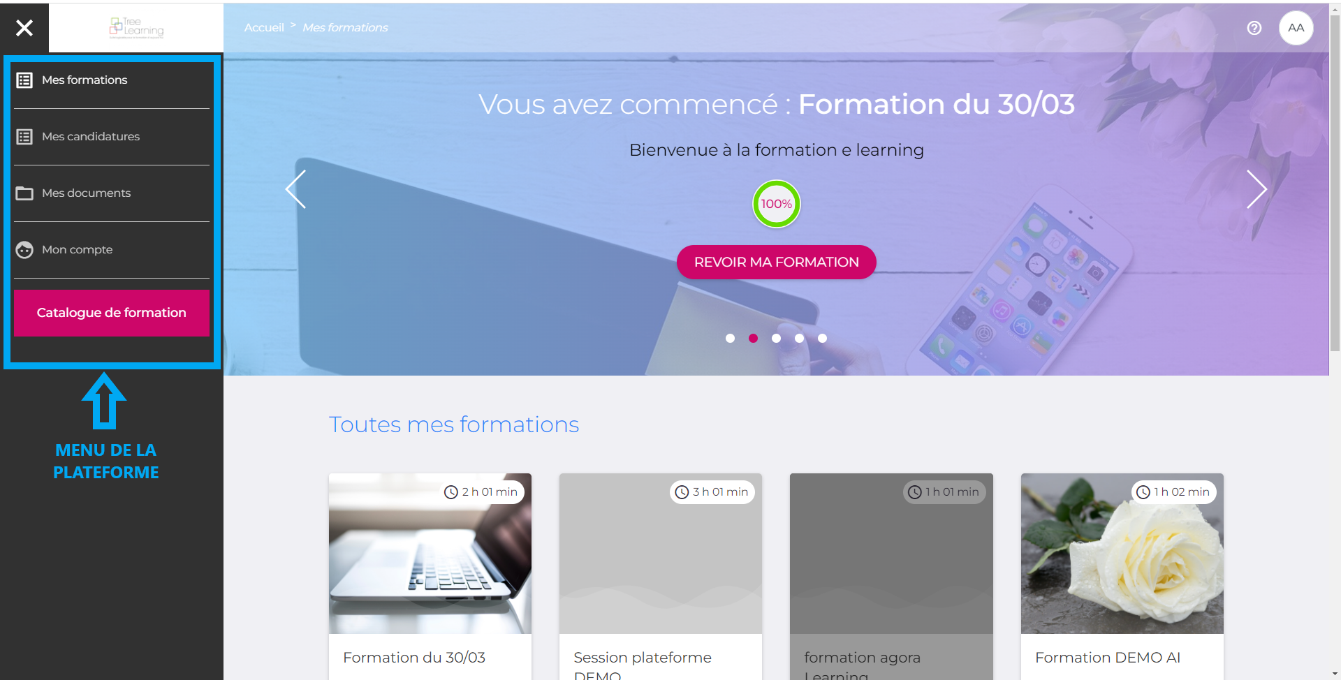 Présentation de l'espace apprenant - Support Agora Learning