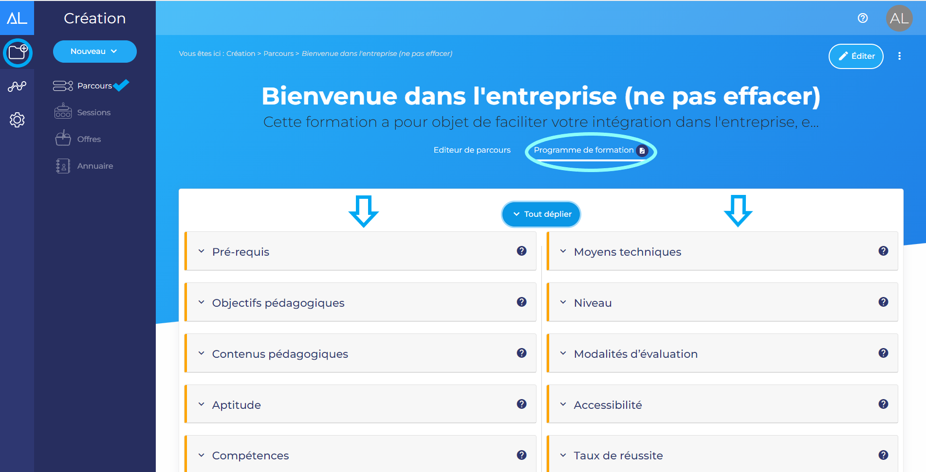 Renseigner le programme d’un parcours de formation - Support Agora Learning
